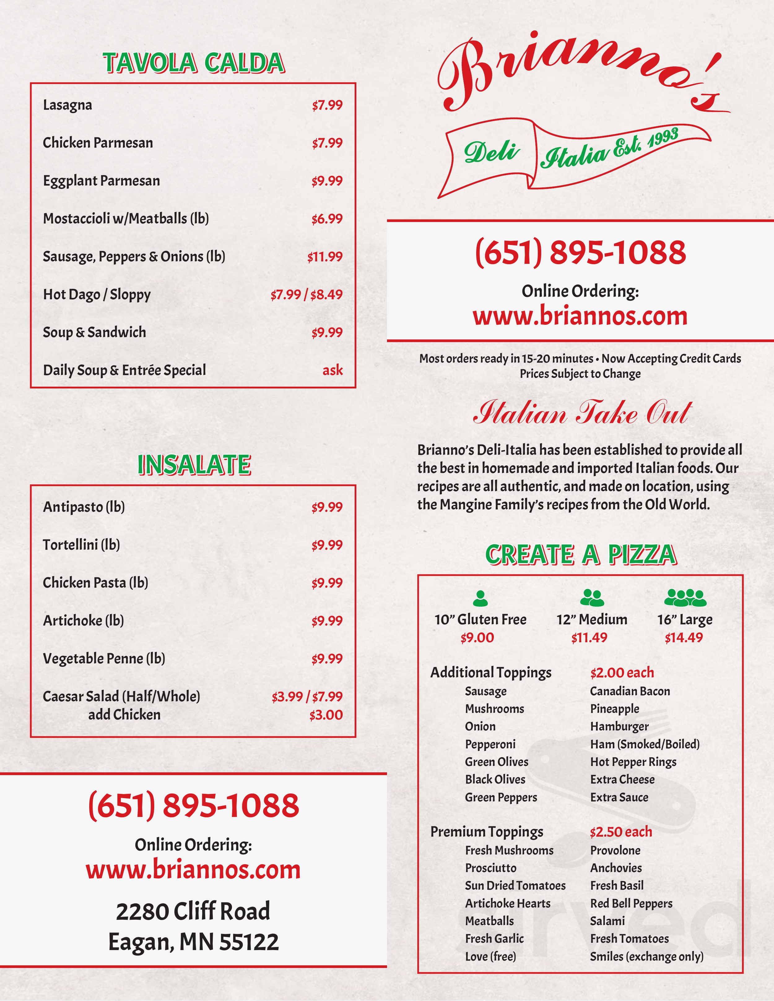 Brianno's Deli Italia Eagan MN Menu - Updated November 2025