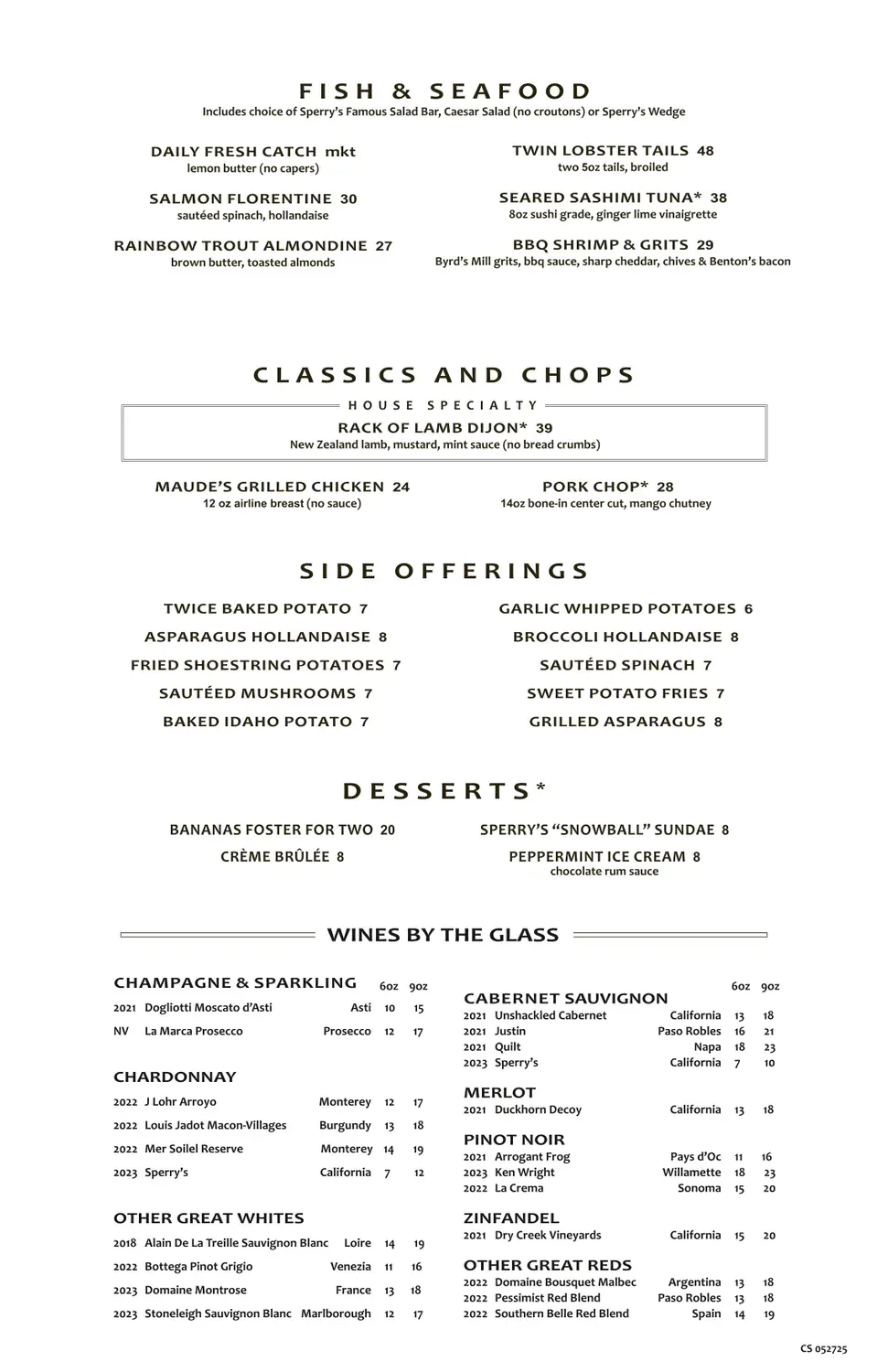 Sperry's Cool Springs Menu - Updated November 2025