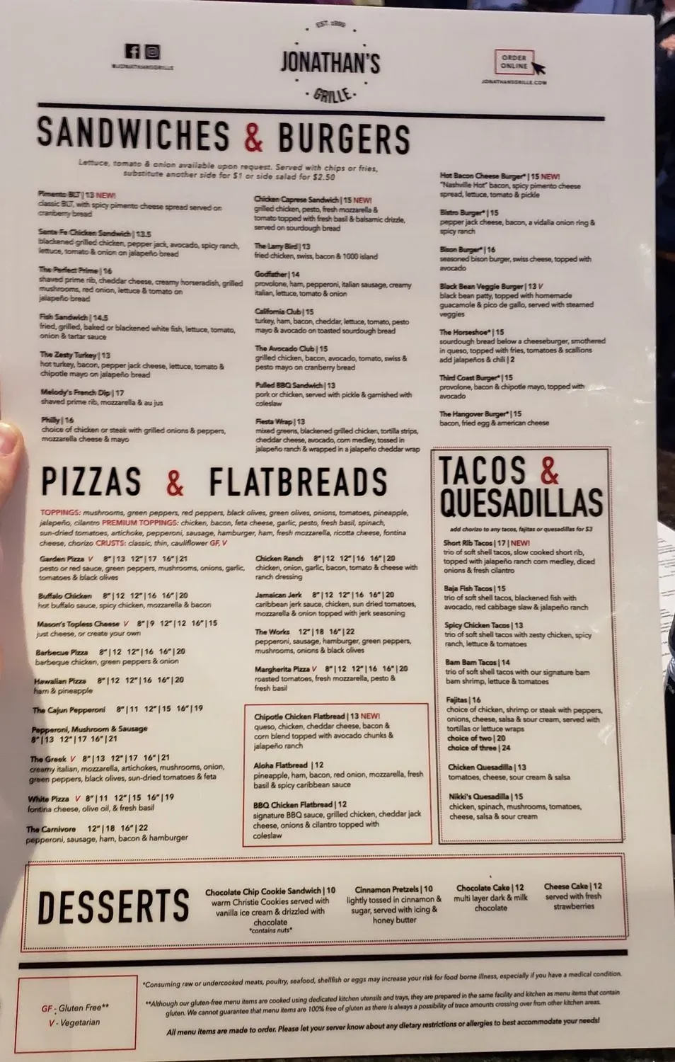 Jonathan's Grille Menu - Updated November 2025