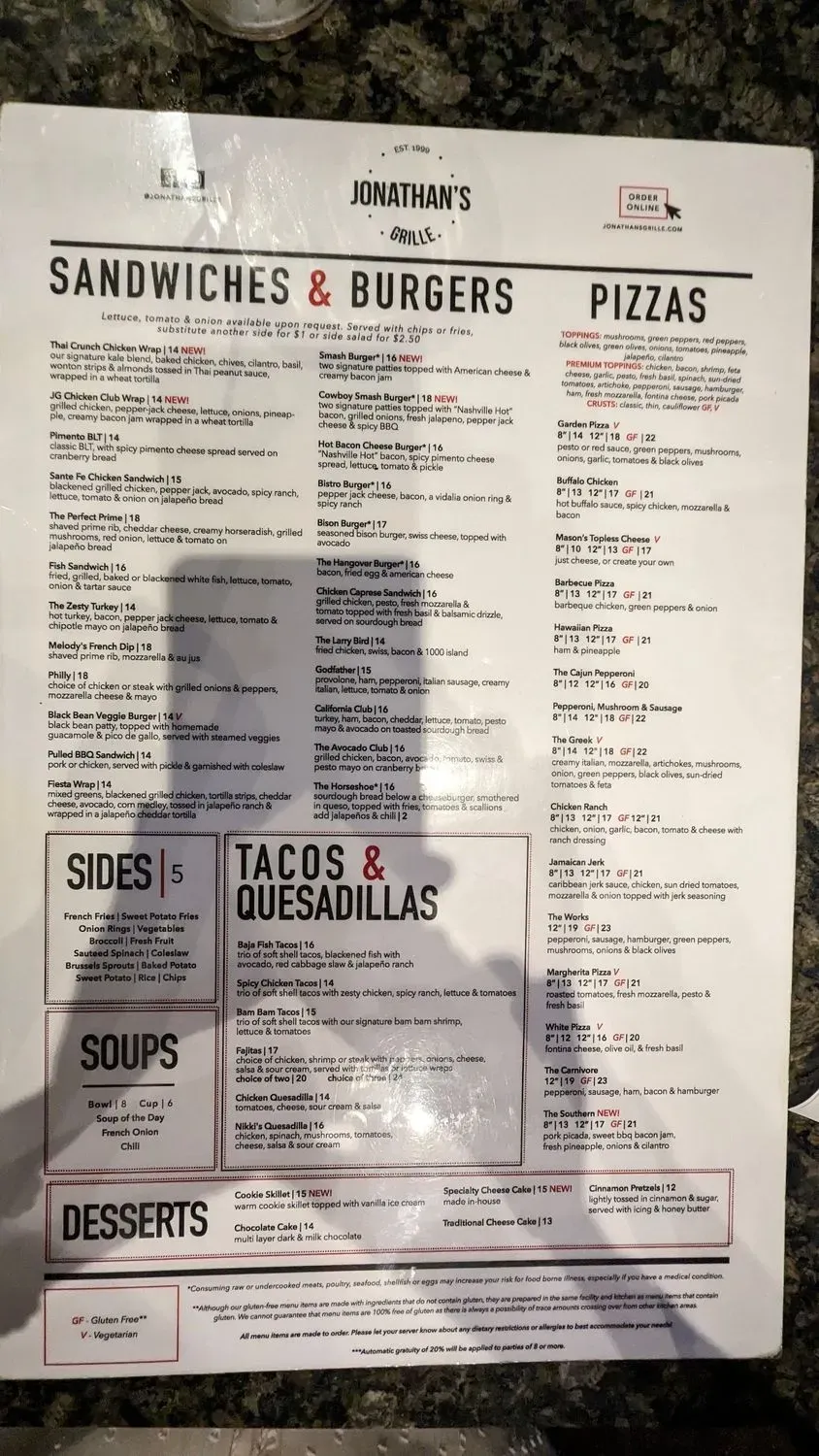 Jonathan's Grille Menu - Updated November 2025