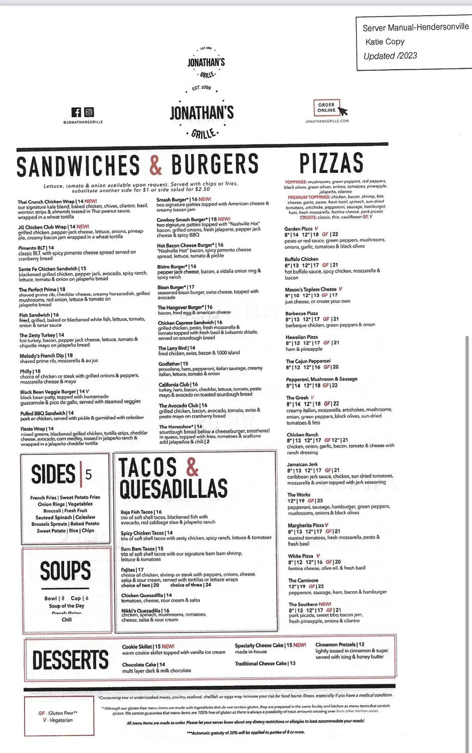 Jonathan's Grille Menu - Updated November 2025