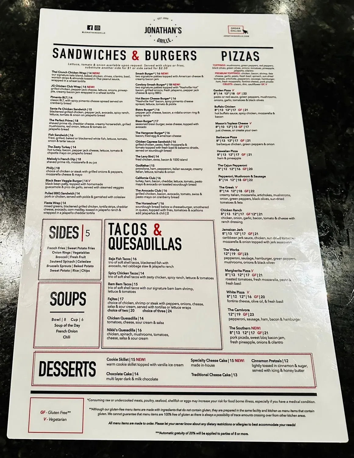 Jonathan's Grille Menu - Updated November 2025