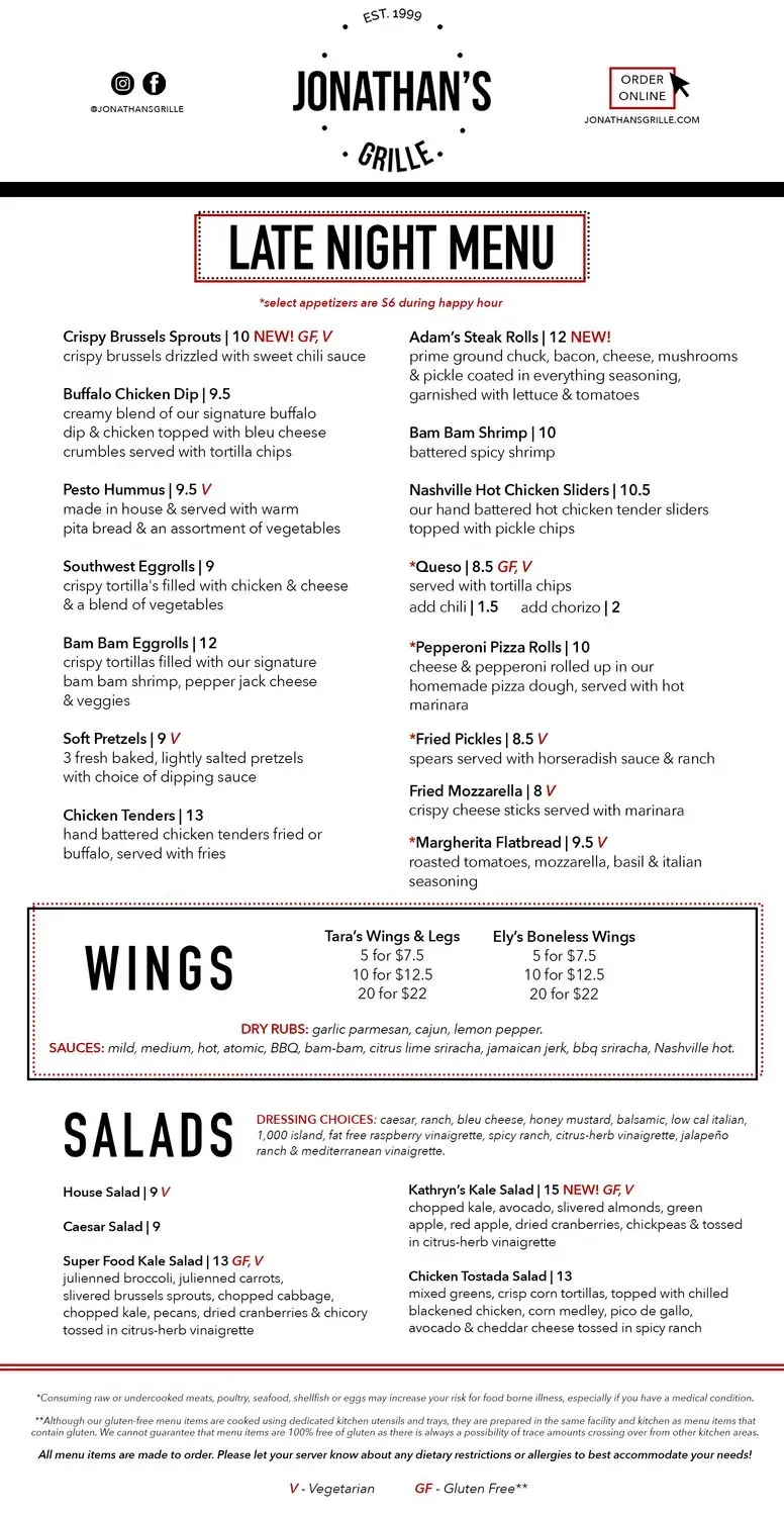Jonathan's Grille Menu - Updated November 2025
