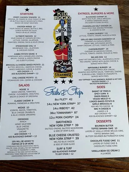 Kid Rock's Big Ass Honky Tonk Rock N' Roll Steakhouse Menu | Nashville ...