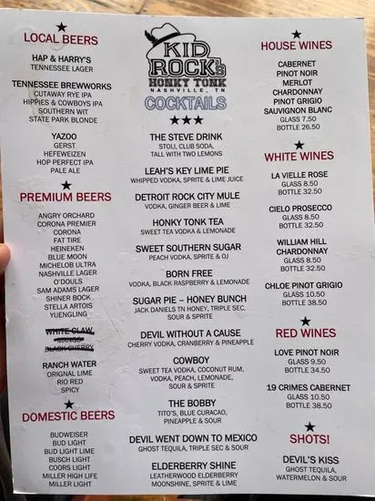 Kid Rock's Big Ass Honky Tonk Rock N' Roll Steakhouse Menu | Nashville ...