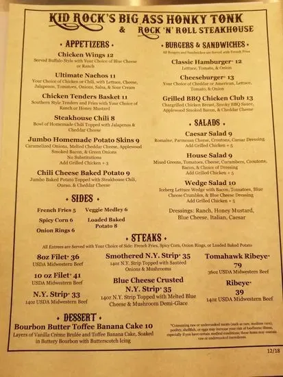 Kid Rock's Big Ass Honky Tonk Rock N' Roll Steakhouse Menu | Nashville ...