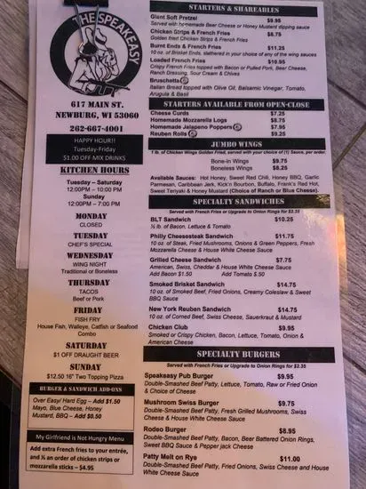 The Speakeasy Menu | Newburg, WI | Checkle