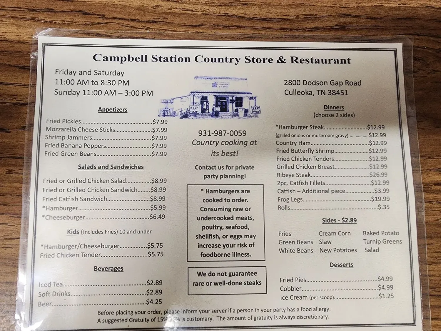 Campbell Station Country Store Restaurant Menu - Updated November 2025