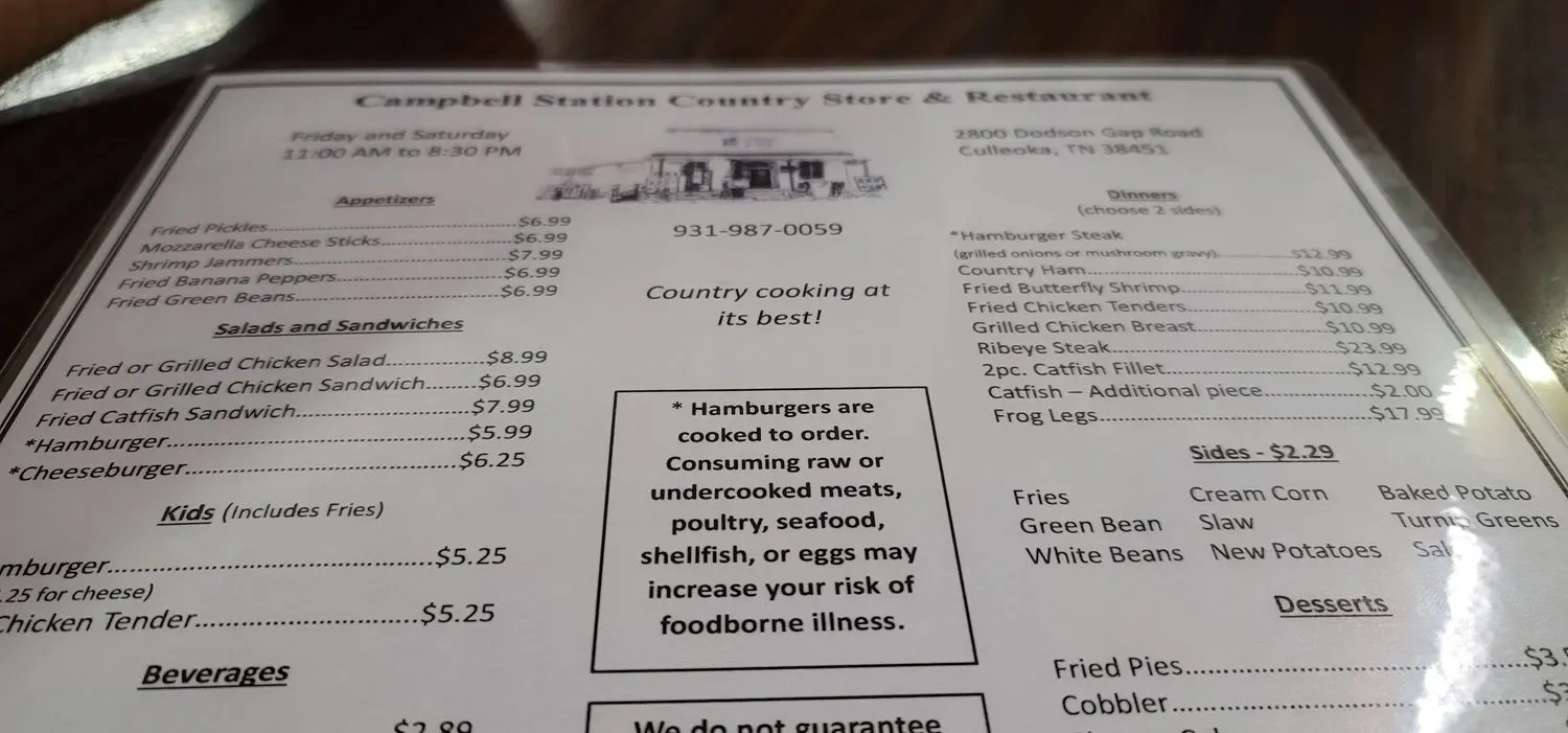 Campbell Station Country Store Restaurant Menu - Updated November 2025