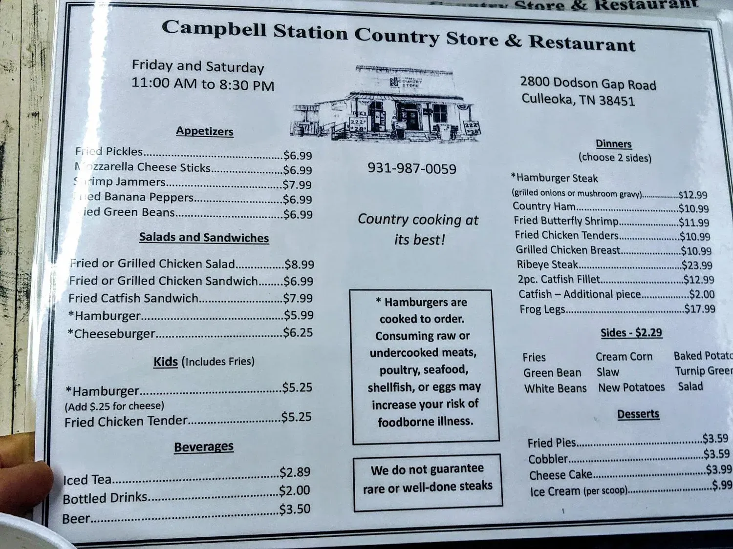 Campbell Station Country Store Restaurant Menu - Updated November 2025