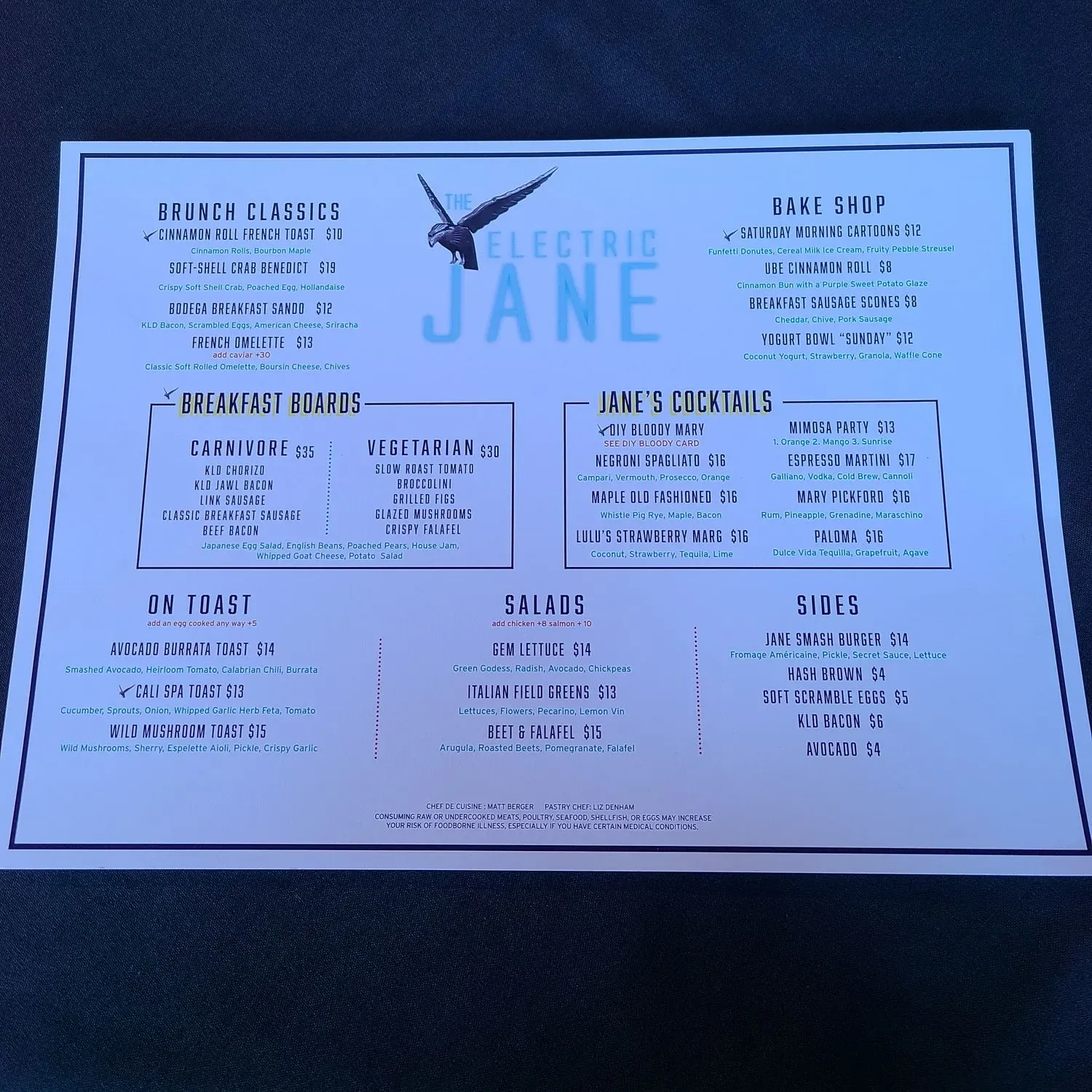 The Electric Jane Menu - Updated October 2025