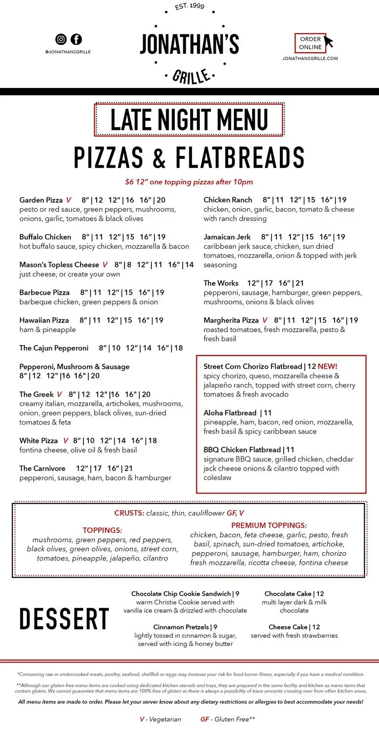 Jonathan's Grille Menu - Updated November 2025