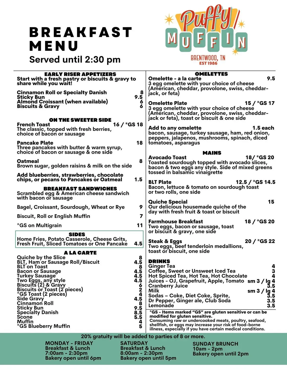 Puffy Muffin Bakery & Restaurant Menu - Updated November 2025