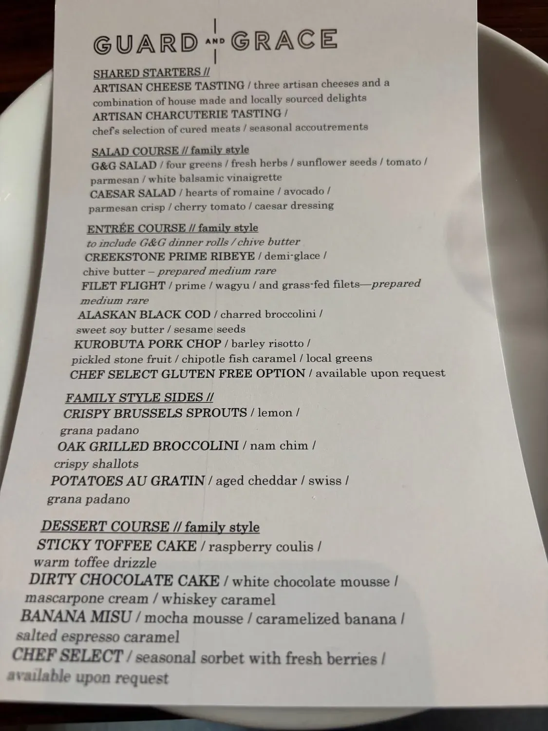 Guard and Grace Menu - Updated November 2025