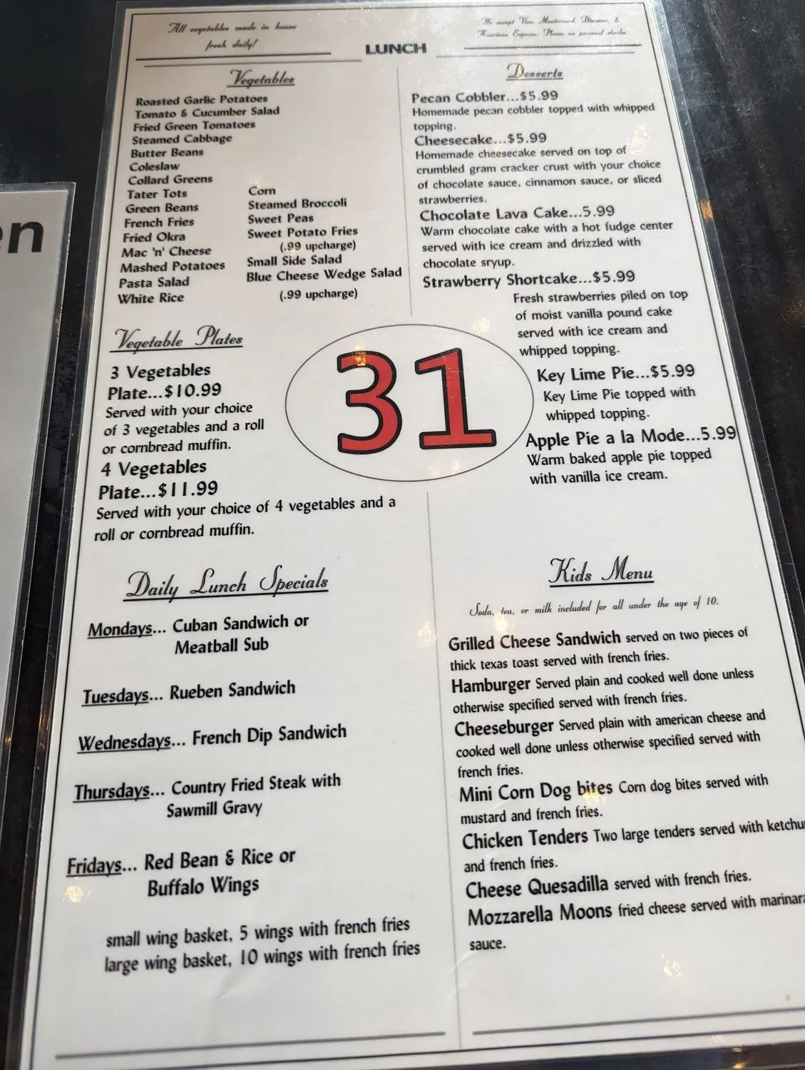 Station 31 Kitchen Menu - Updated November 2025