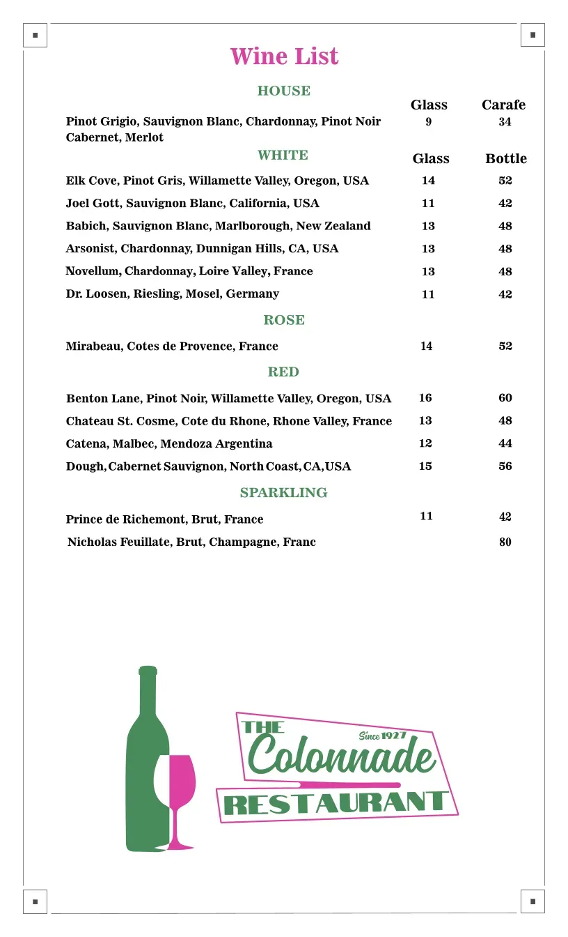 The Colonnade Menu - Updated November 2025