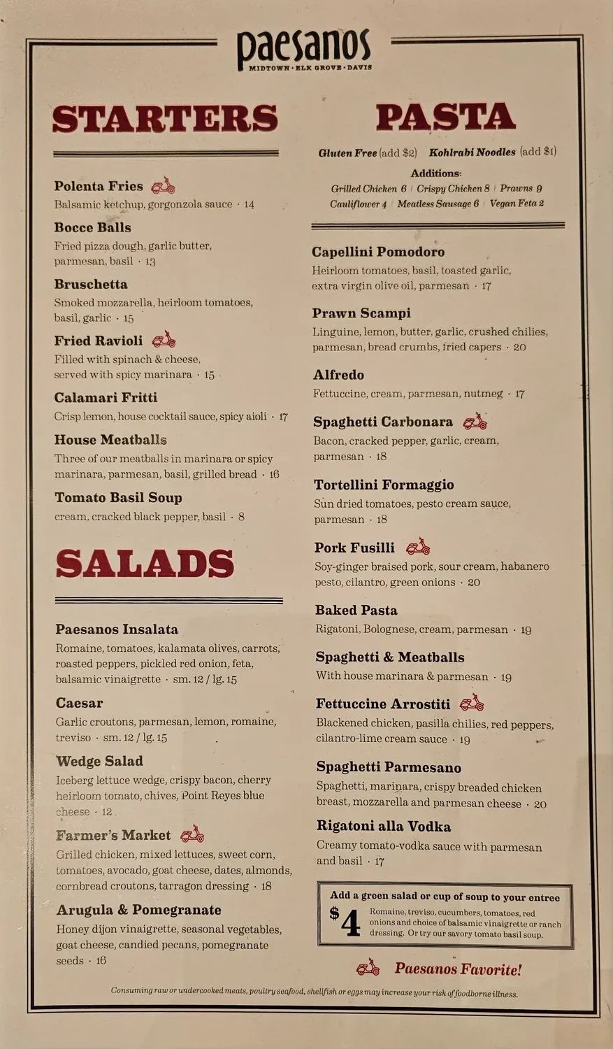 Paesanos Menu - Updated November 2025