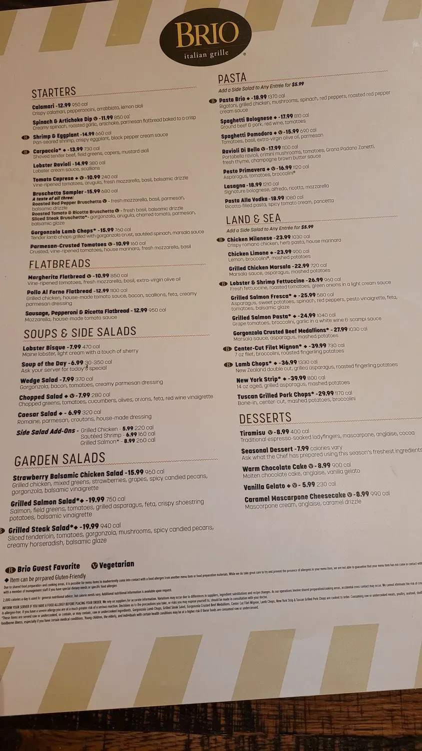 Brio Italian Grille Menu - Updated November 2025