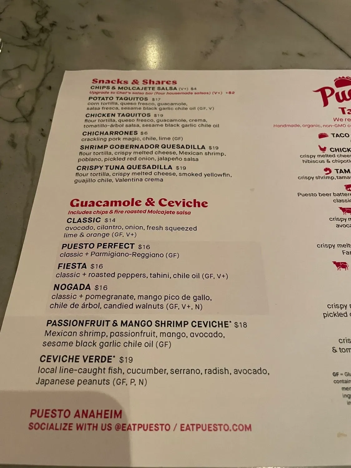 Puesto Anaheim Menu - Updated November 2025