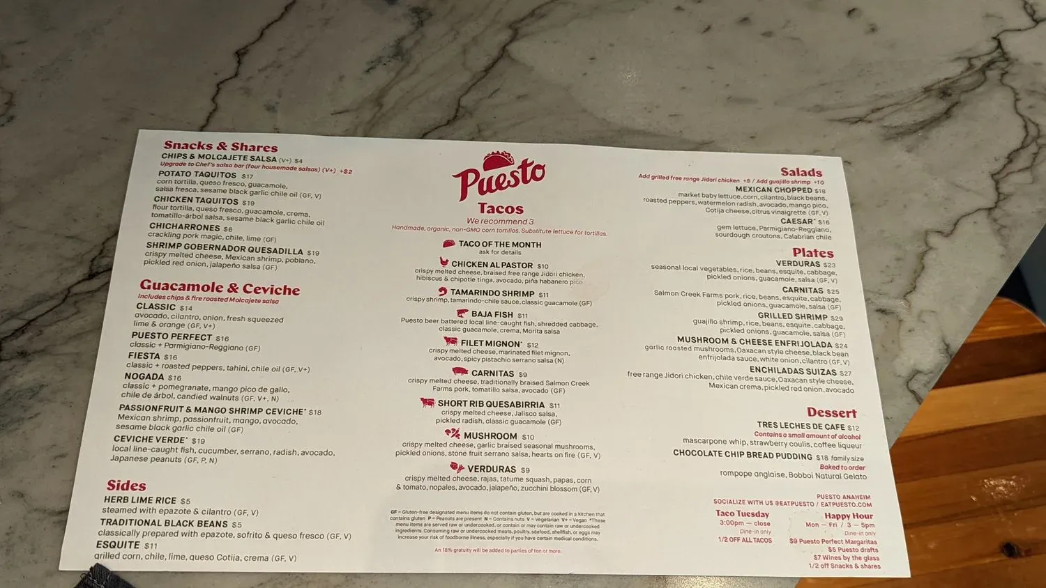 Puesto Anaheim Menu - Updated November 2025