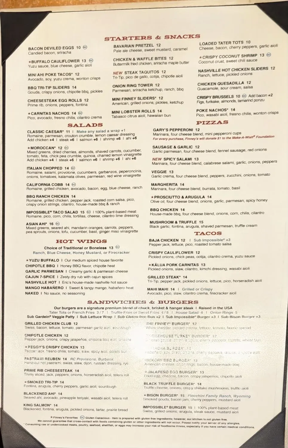 Finney's Crafthouse - Porter Ranch Menu - Updated November 2025