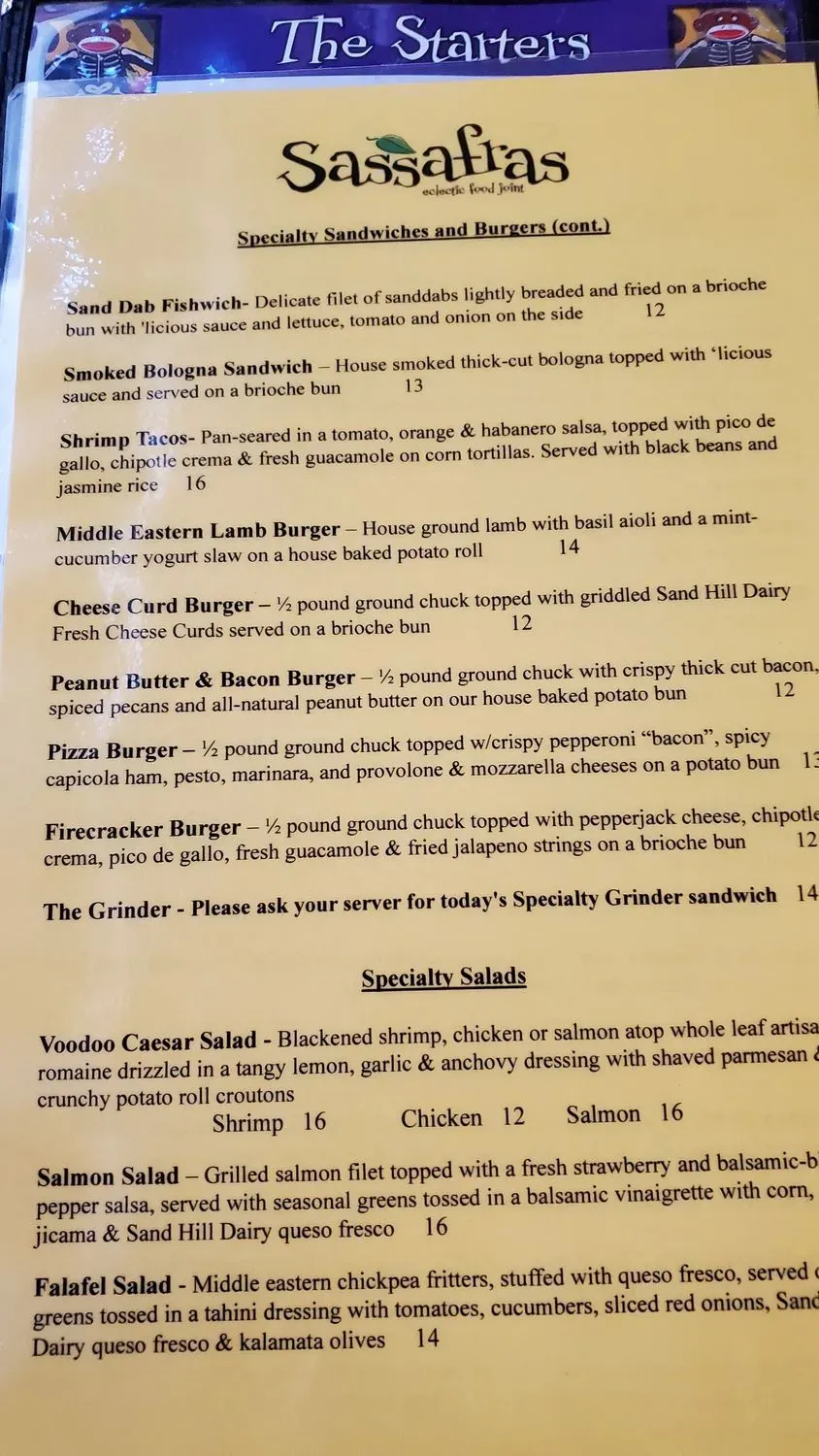 Sassafras Eclectic Food Joint Menu - Updated November 2025