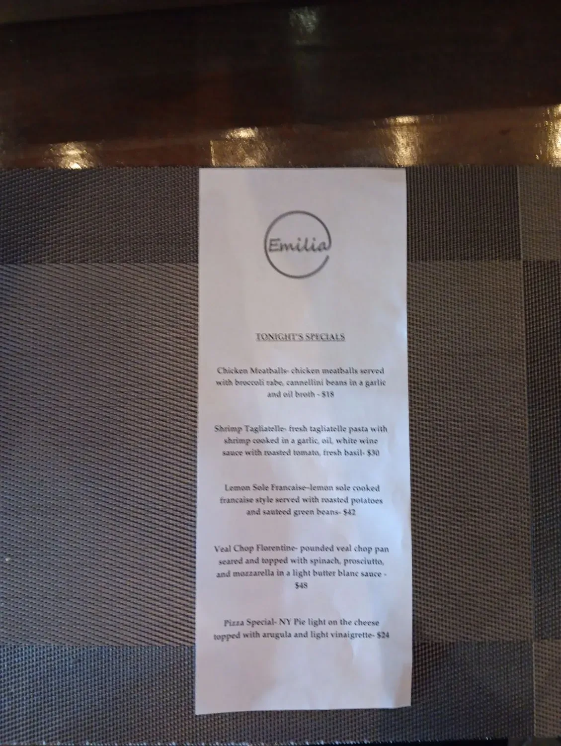 Emilia Menu - Updated November 2025