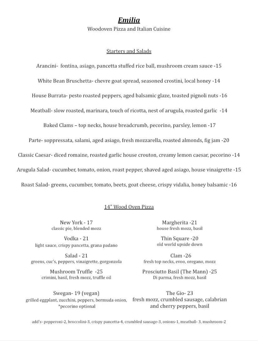 Emilia Menu - Updated November 2025