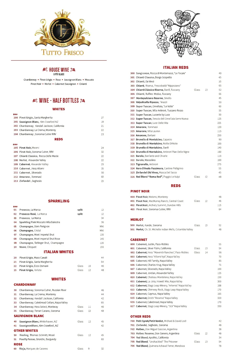Tutto Fresco Restaurant Menu - Updated October 2025