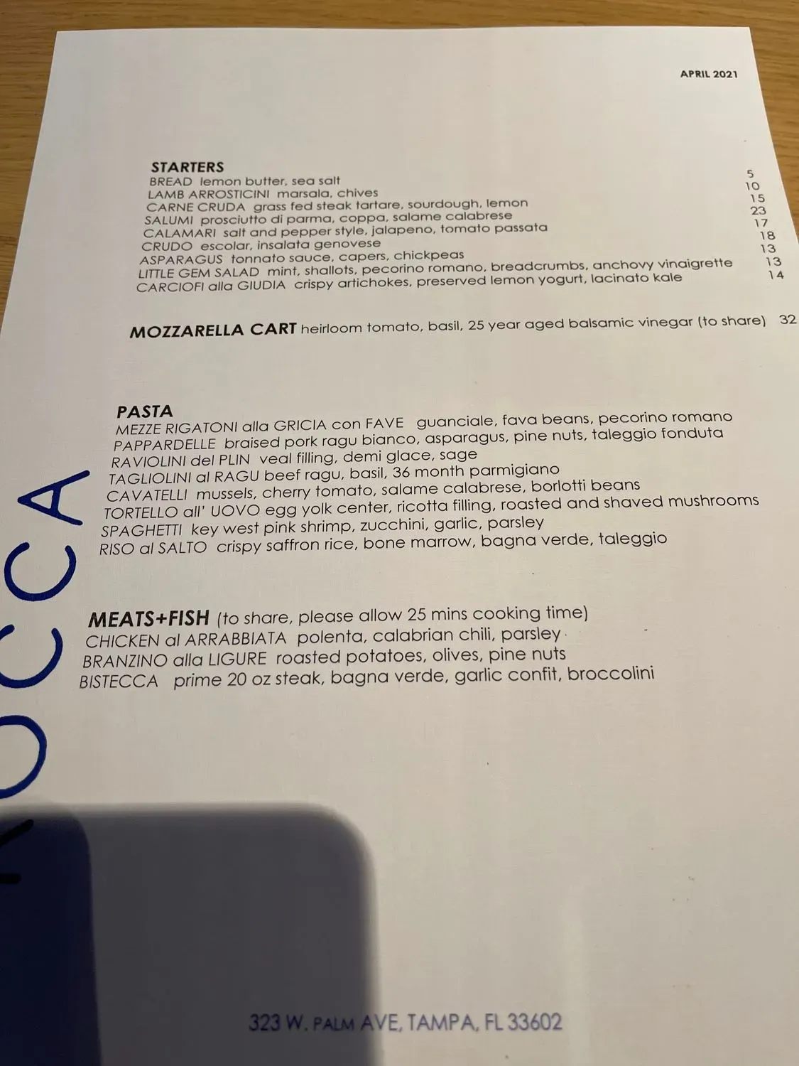 Rocca Menu - Updated September 2025
