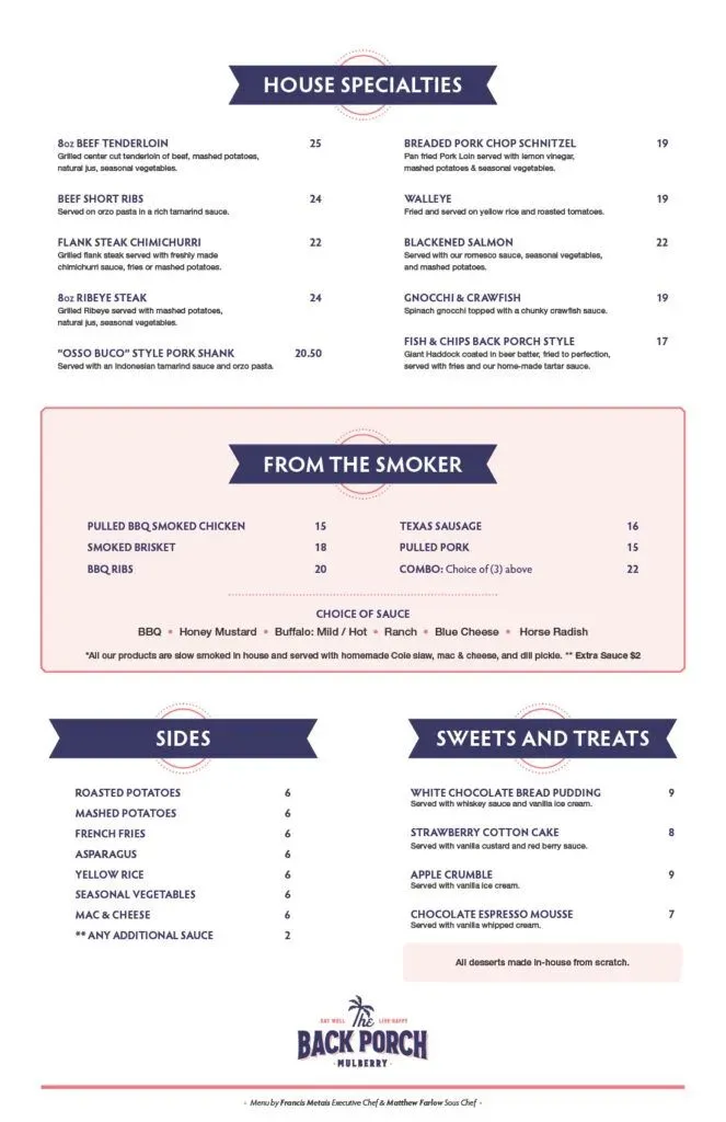 The Back Porch Mulberry Menu - Updated November 2025