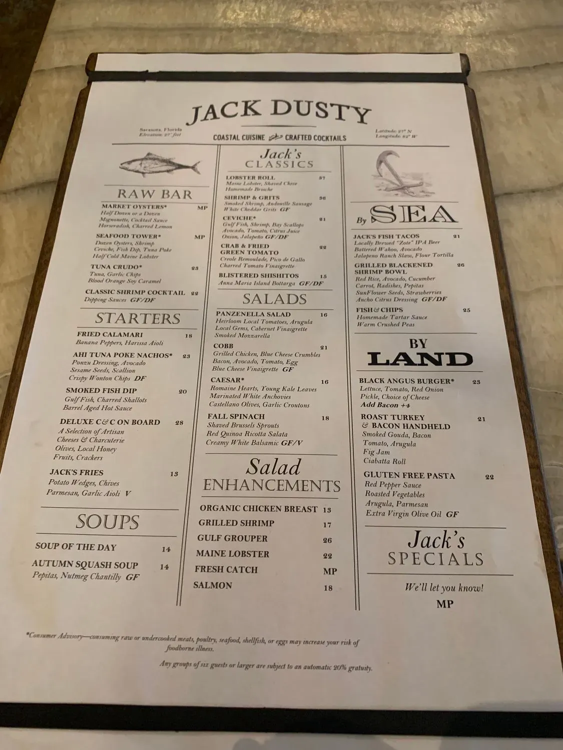Jack Dusty Menu - Updated November 2025