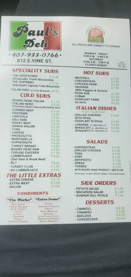 Paul's Italian Deli & Restaurant Menu | Kissimmee, FL | Checkle