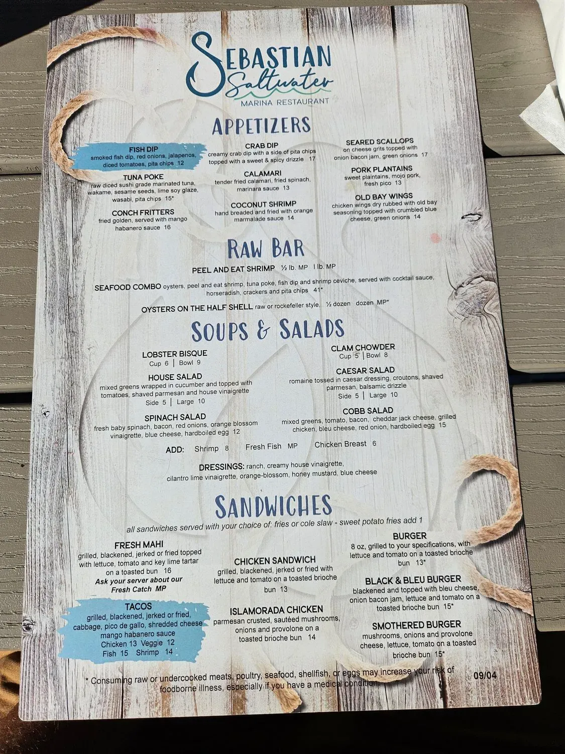 Sebastian Saltwater Marina Restaurant Menu - Updated November 2025