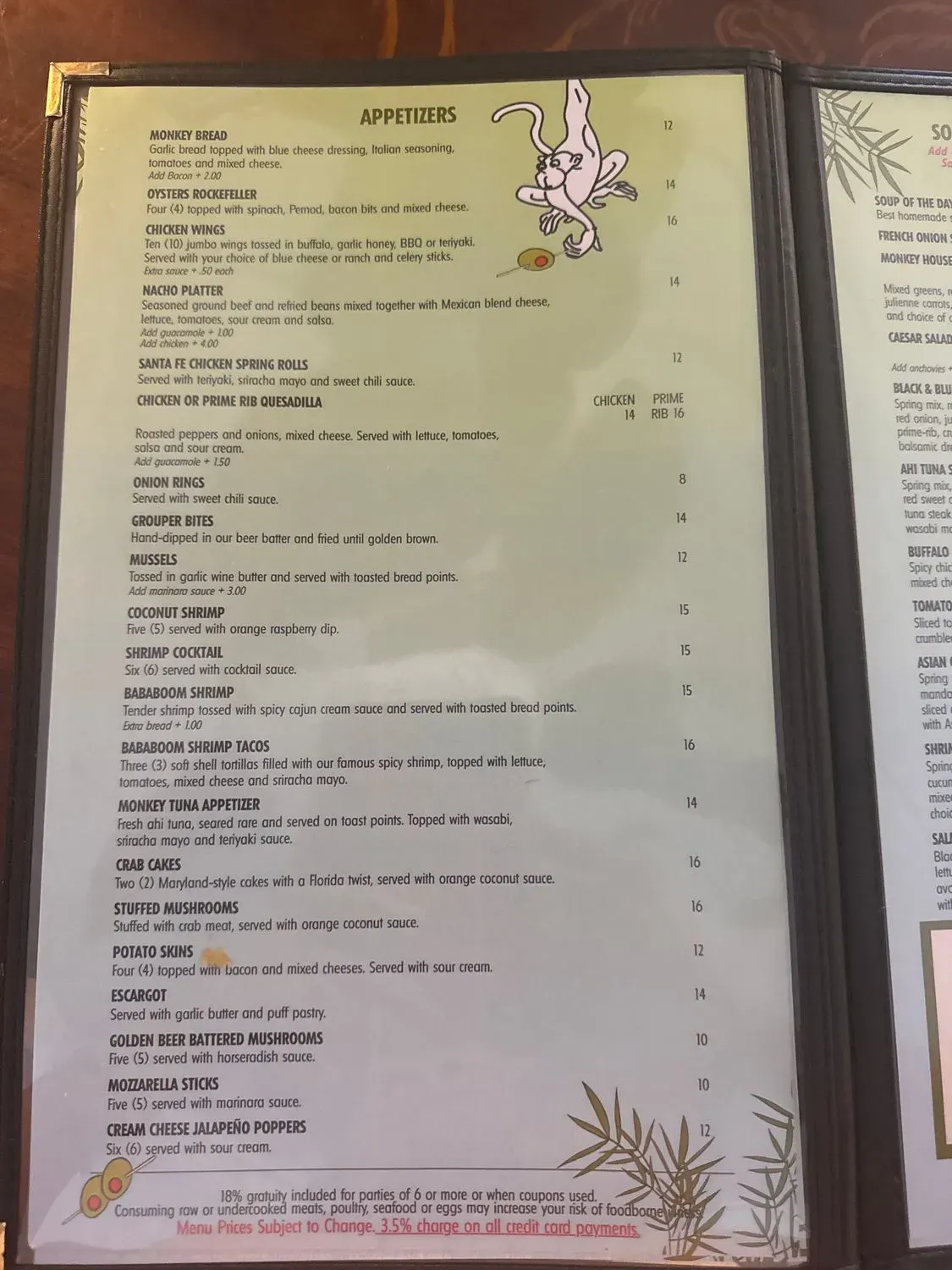 Monkey Bar Steak & Seafood Menu - Updated November 2025