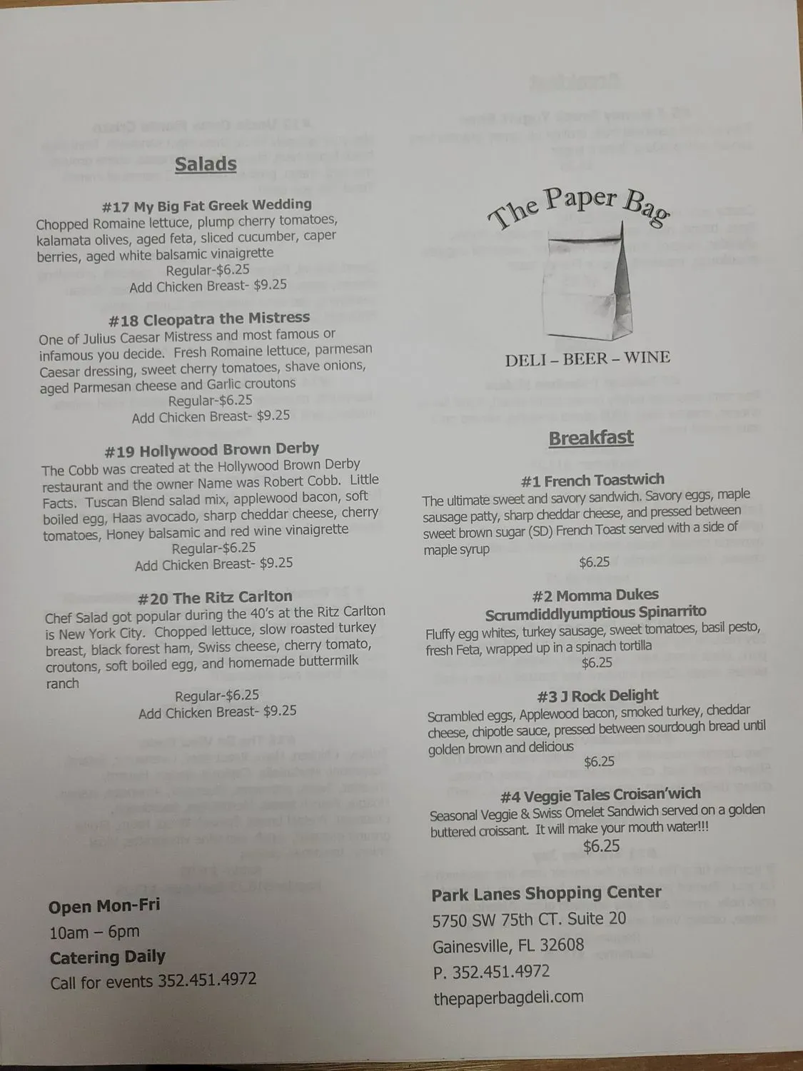 The Paper Bag Menu - Updated November 2025