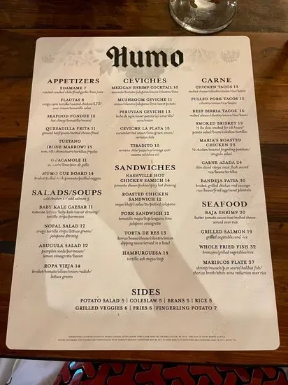 Humo Menu | Tyler, TX | Checkle