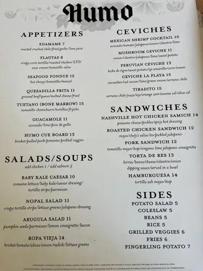 Humo Menu | Tyler, TX | Checkle