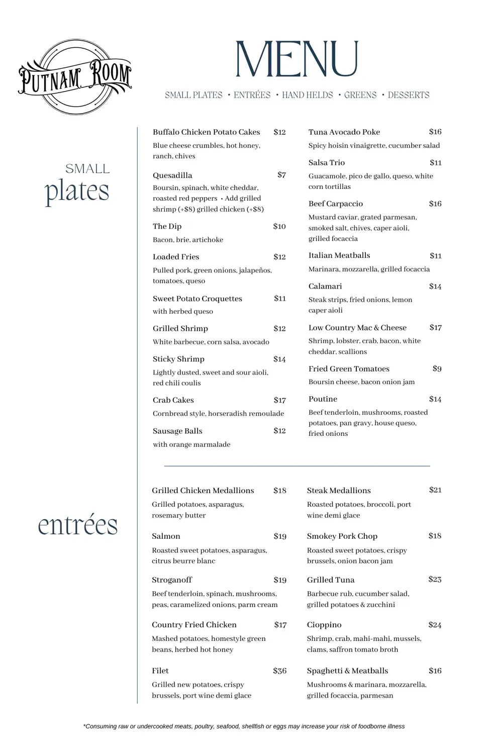 The Putnam Room Menu - Updated November 2025
