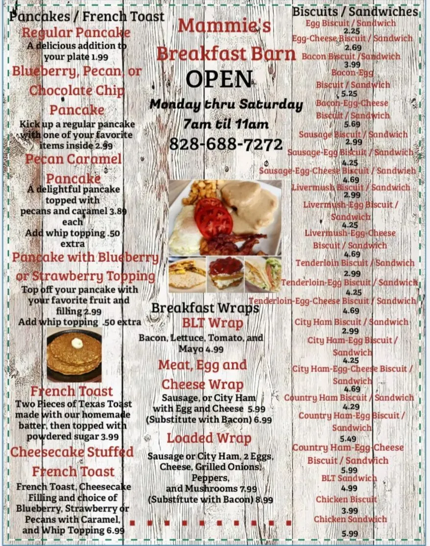 Mammie’s Breakfast Barn Menu - Updated November 2025