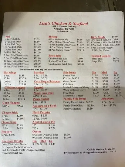 Lisa's Chicken Menu | Arlington, TX | Checkle