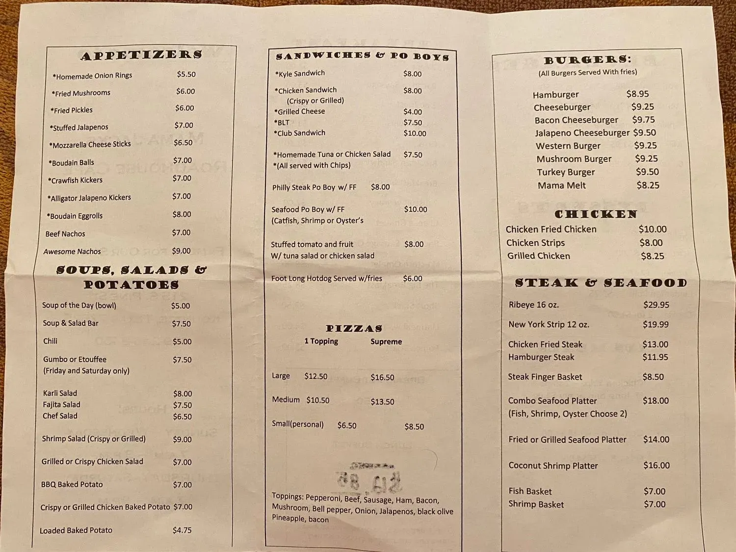 Mama Jack's Menu - Updated September 2025