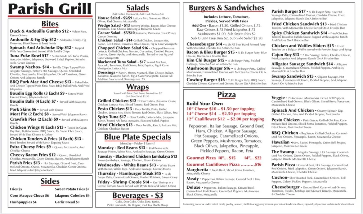 Parish Grill Menu - Updated October 2025
