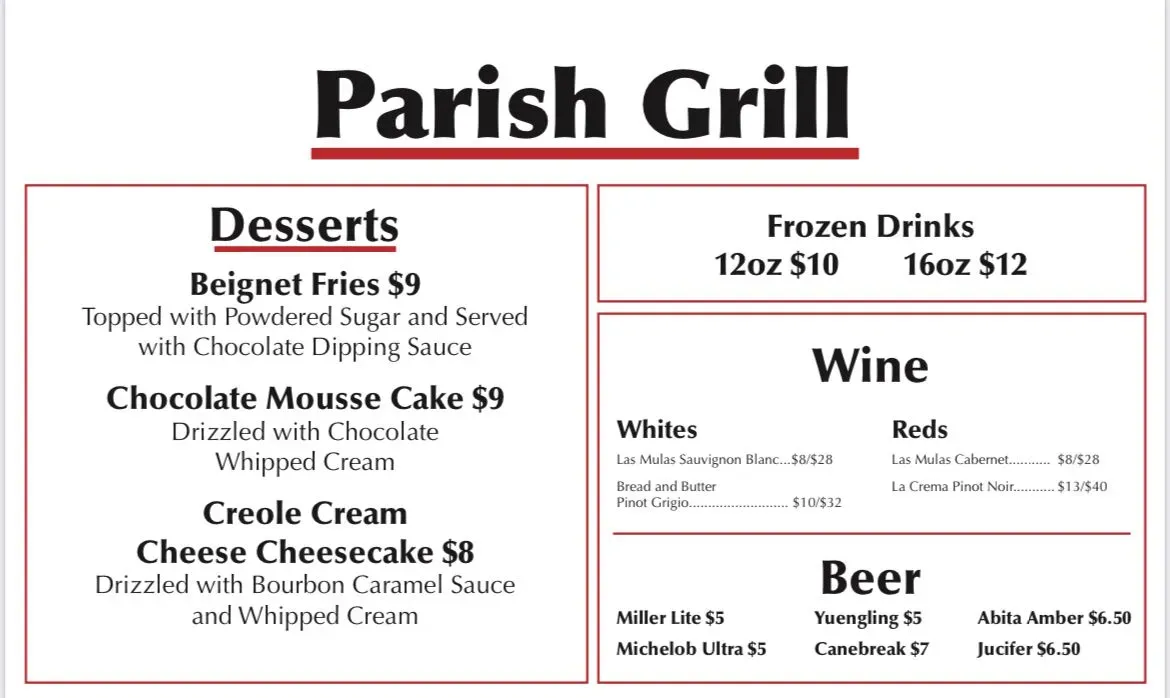 Parish Grill Menu | Metairie, LA | Checkle