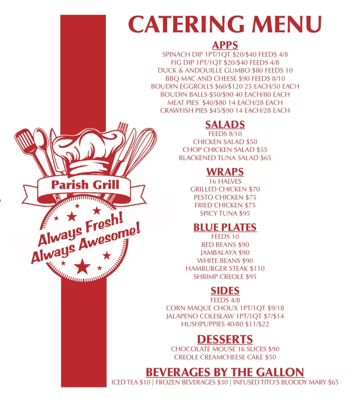Parish Grill Menu | Metairie, LA | Checkle