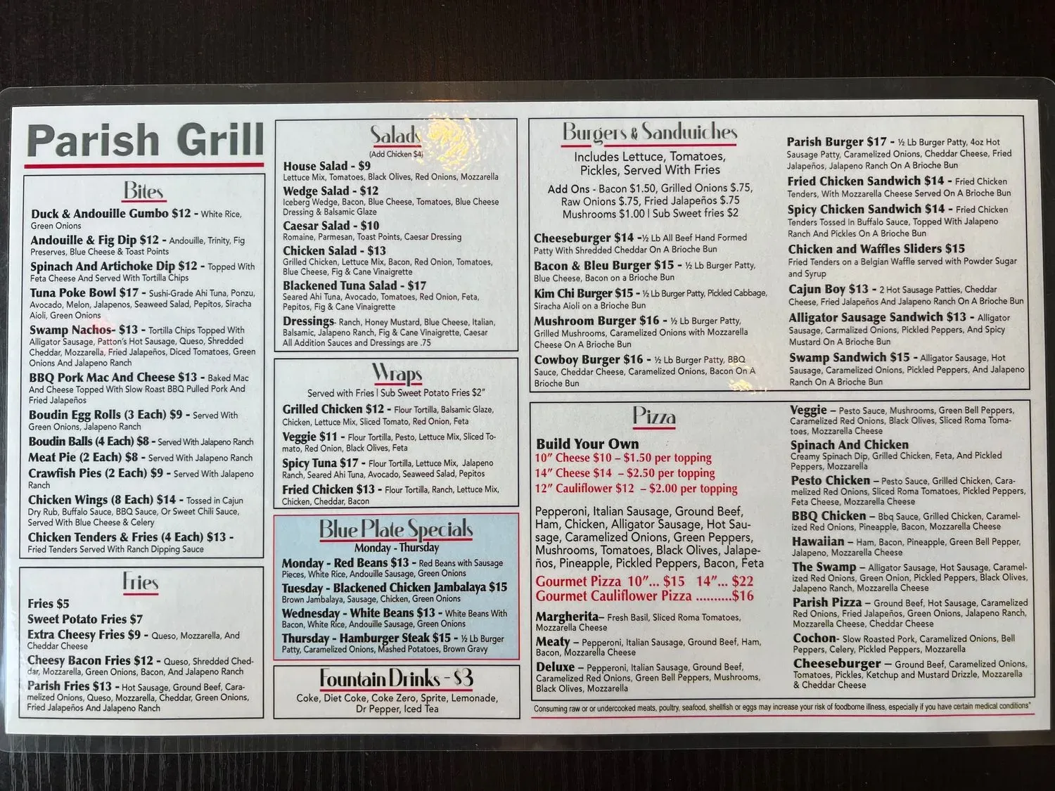 Parish Grill Menu - Updated July 2025