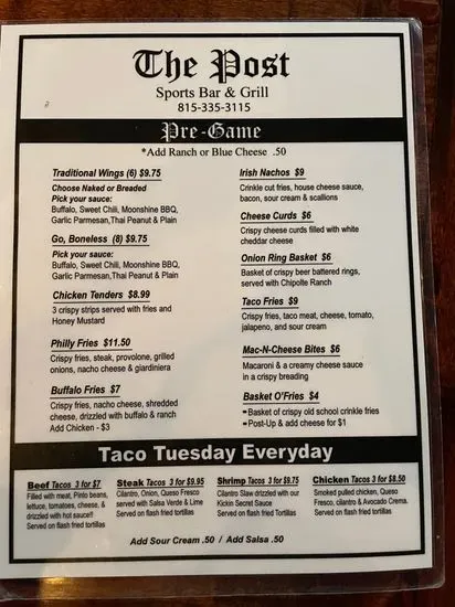 The Post Sports Bar & Grill Menu | Winnebago, IL | Checkle