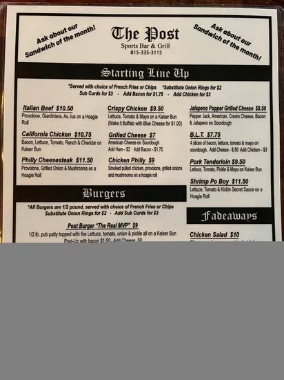 The Post Sports Bar & Grill Menu | Winnebago, IL | Checkle