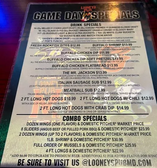 Looney’s Pub Perry Hall Menu | Nottingham, MD | Checkle