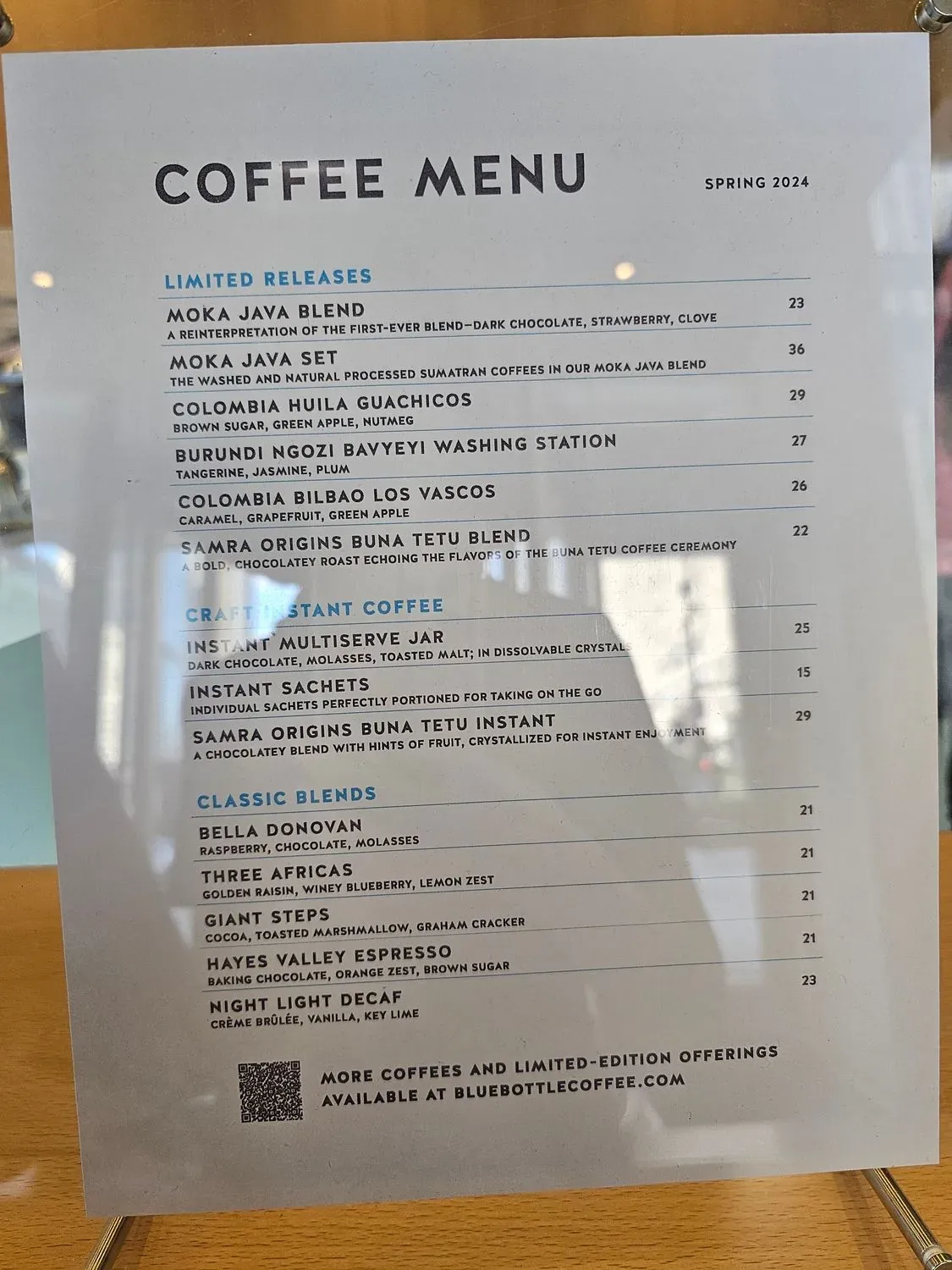 Blue Bottle Coffee Menu Updated November 2025